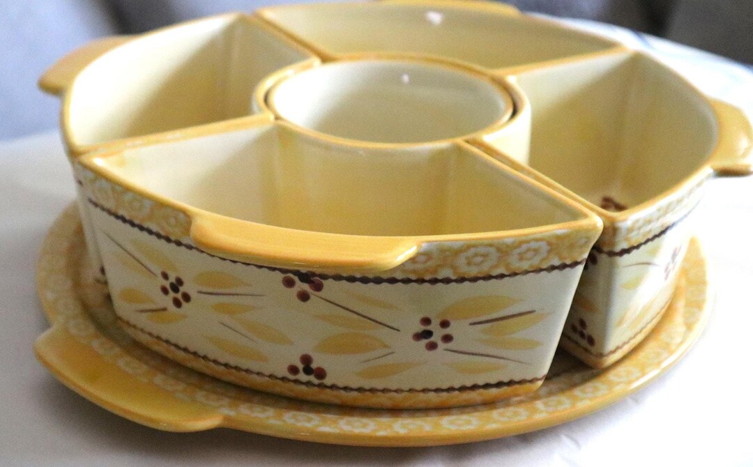 Temptations Old World Yellow 6 Piece Lazy Susan Chip Dip Fruit Floral ...
