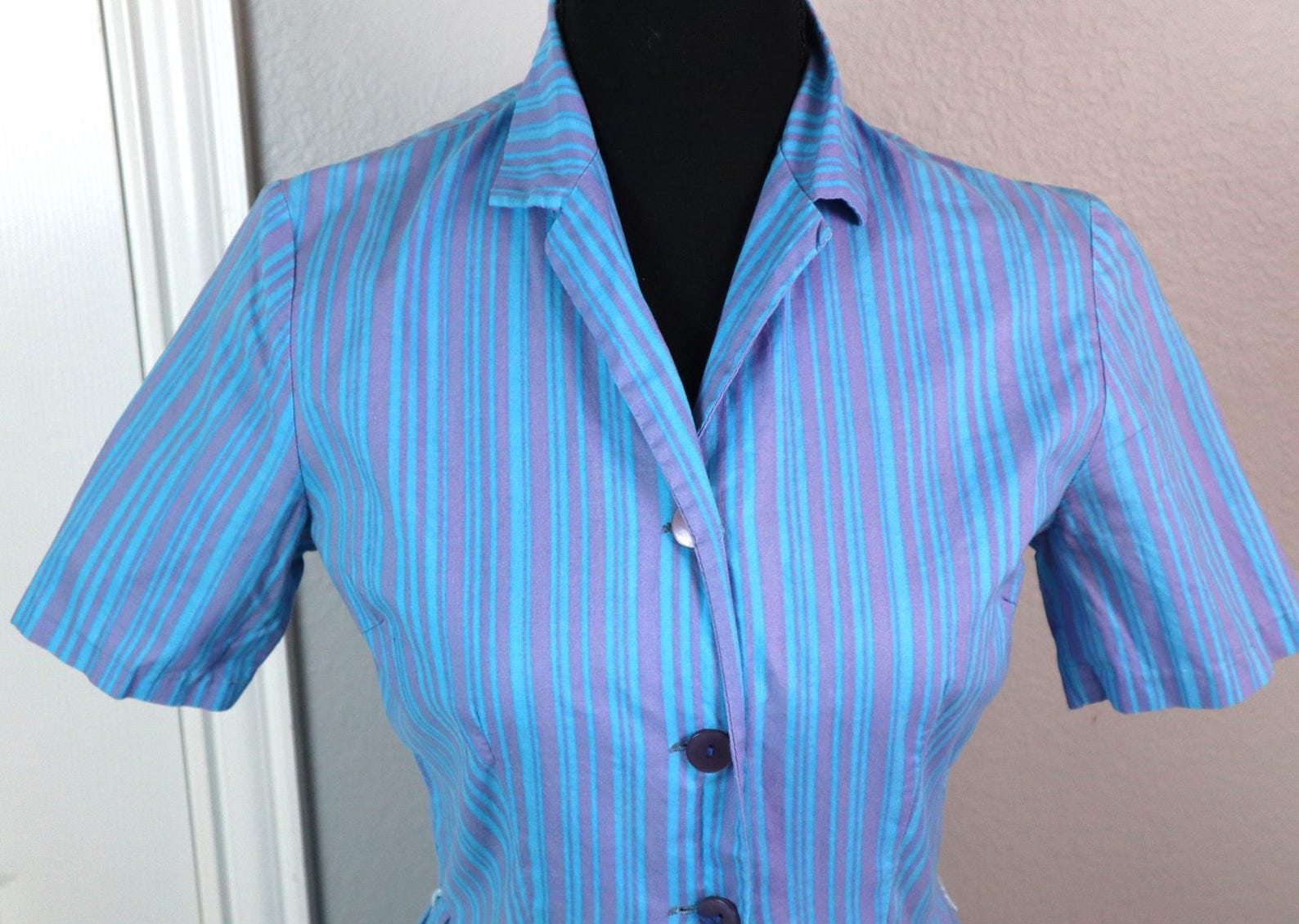 Vintage 50s 60s Blue Striped House Dress Button Front Collar COTTON ...