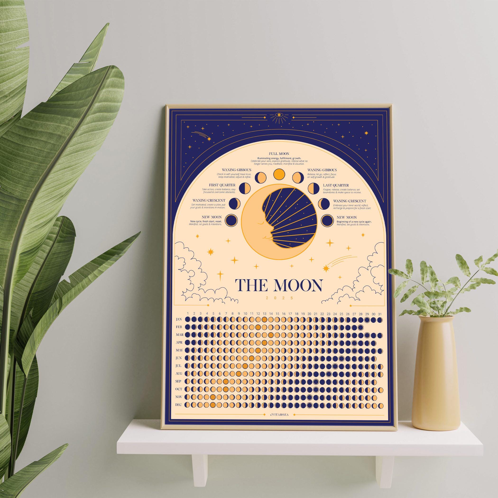 Moon Calendar Print 2025 Blue Digital Download | 3 Sizes | Moon Phase ...