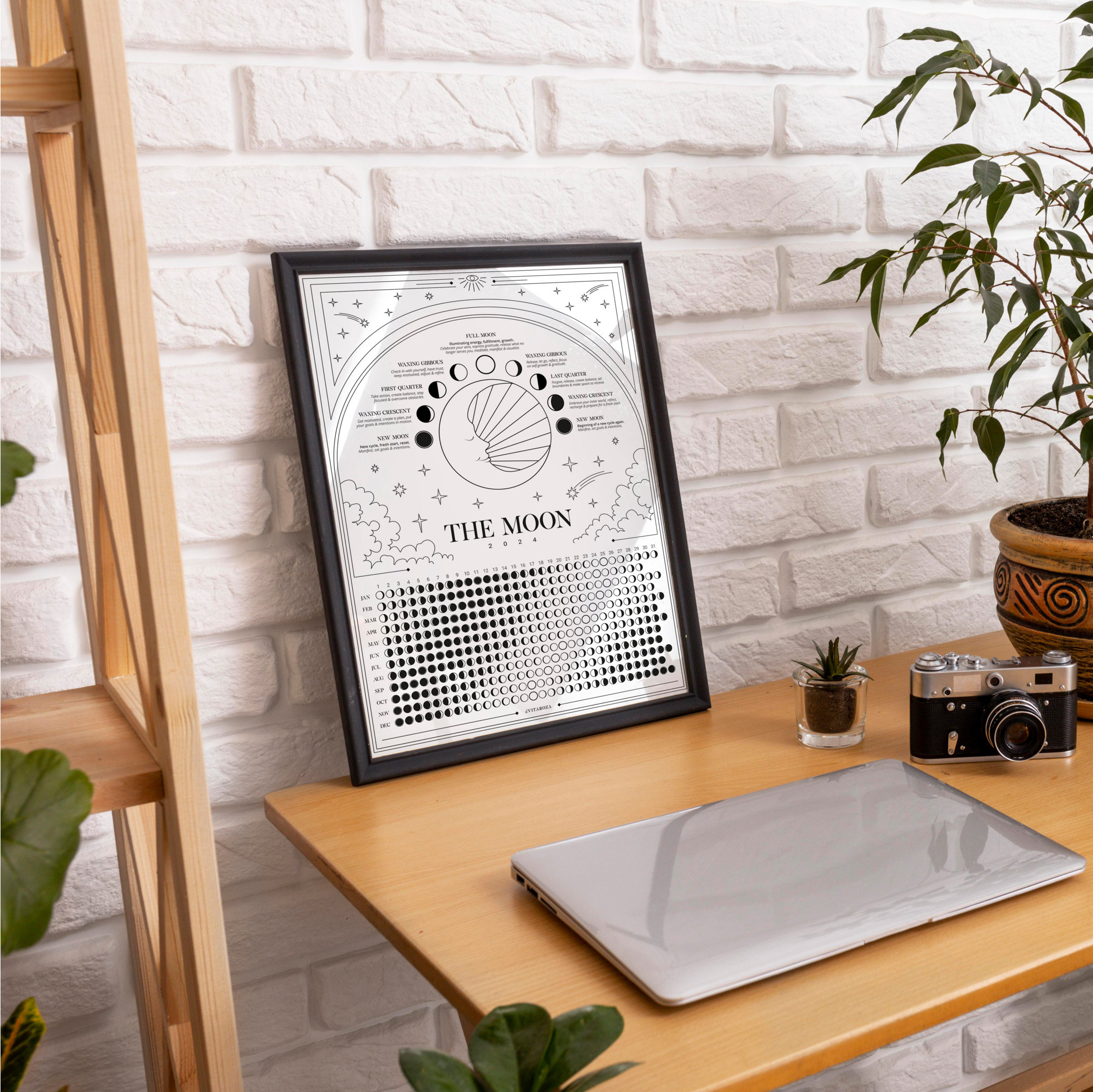 Moon Calendar Print 2024 Black and White Digital Download Printable A4 ...
