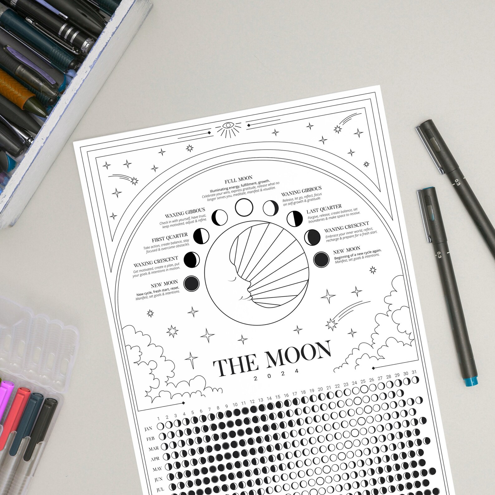 Moon Calendar Print 2024 Black and White Digital Download Printable A4 ...