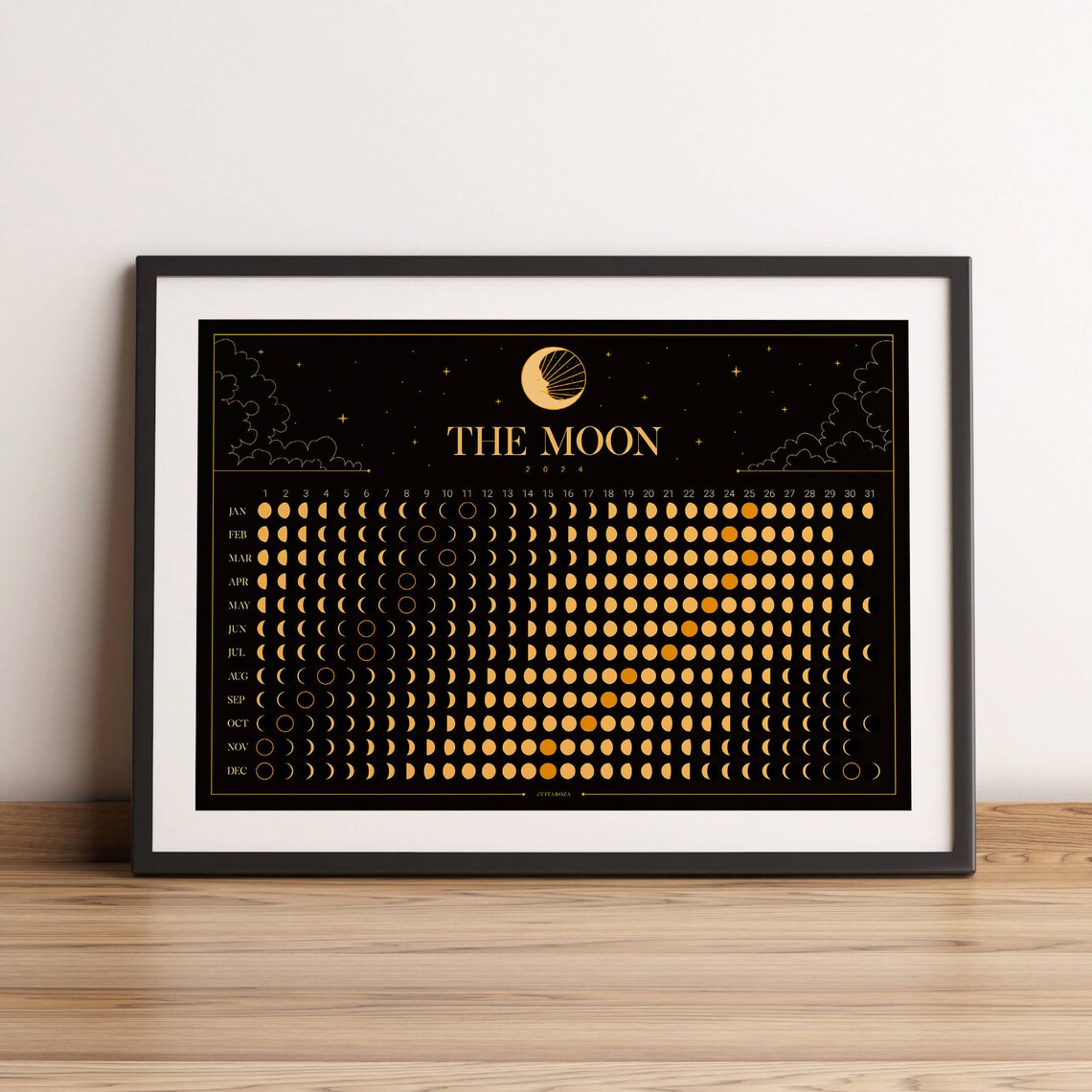 Moon Calendar Print 2024 Dark Digital Download 3 Sizes Moon Phase Wall ...