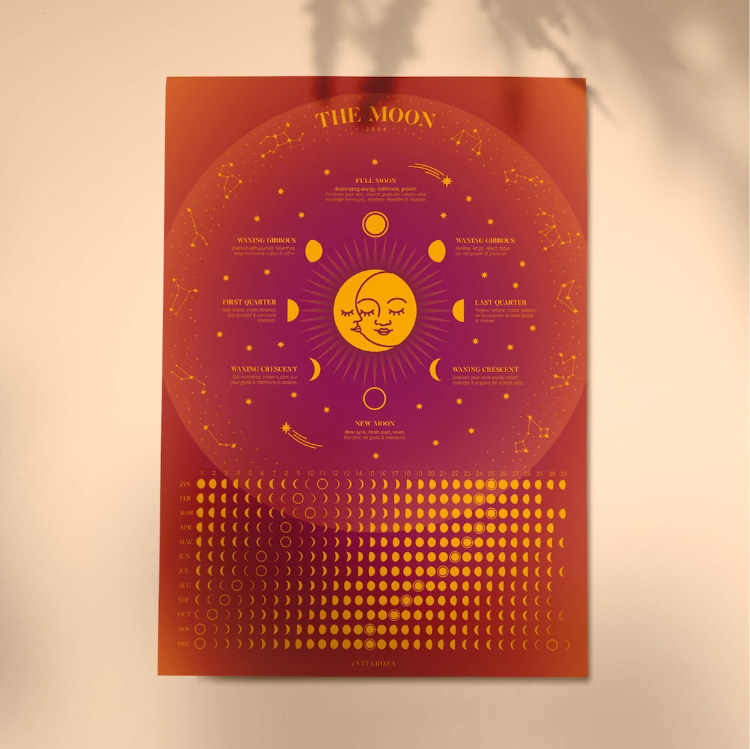 Moon Calendar Print 2024 Warm Digital Download 3 Sizes Moon Phase Wall ...