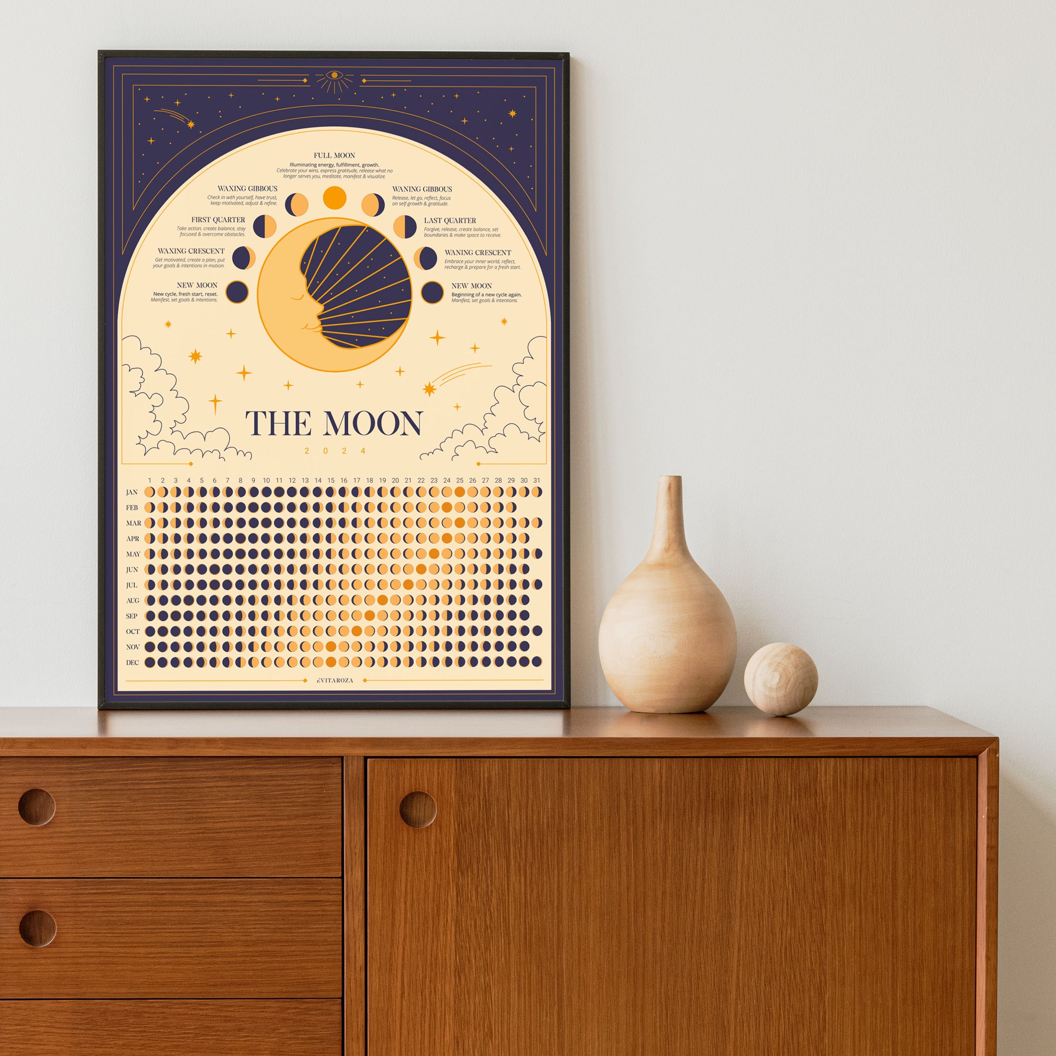 Moon Calendar Print 2024 Blue Digital Download 3 Sizes Moon Phase Wall ...