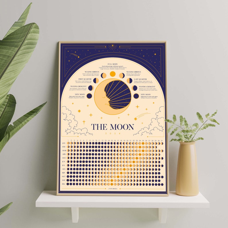 Moon Calendar Print 2024 Blue Digital Download 3 Sizes Moon Phase Wall Art Lunar Cycle Poster ...