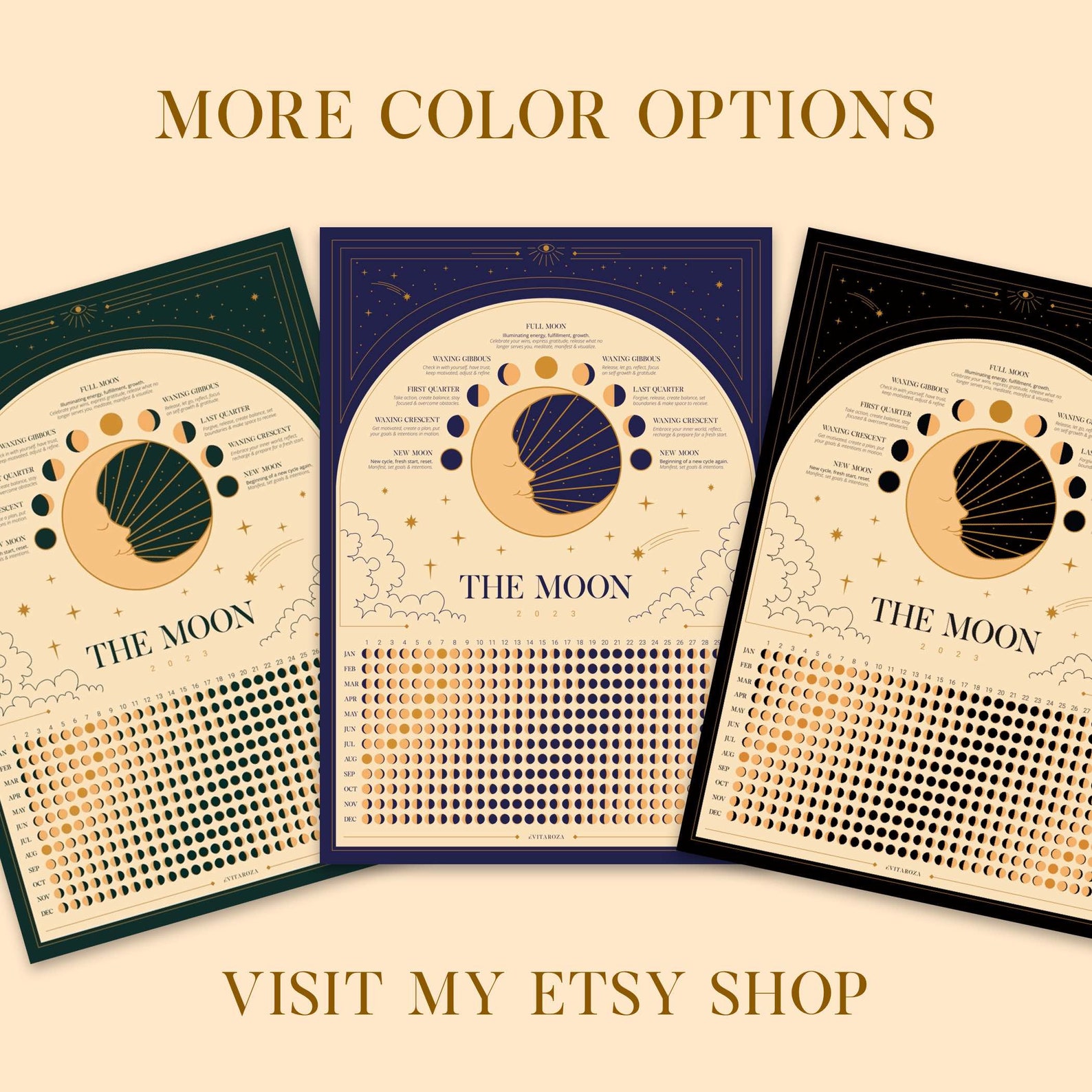 Moon Calendar Print 2024 Green Digital Download 3 Sizes Moon Phase Wall ...