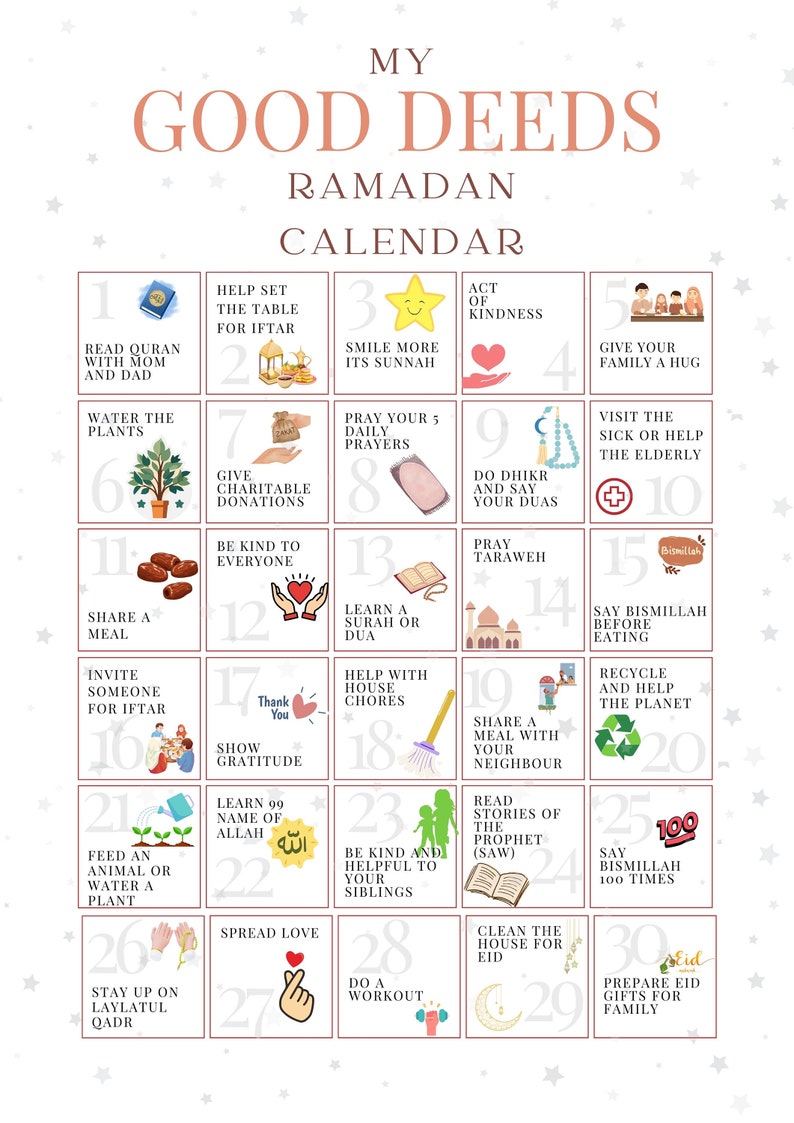 Ramadan Good Deeds Calendar | 30 Day Ramadan Calendar| Islamic Prints ...