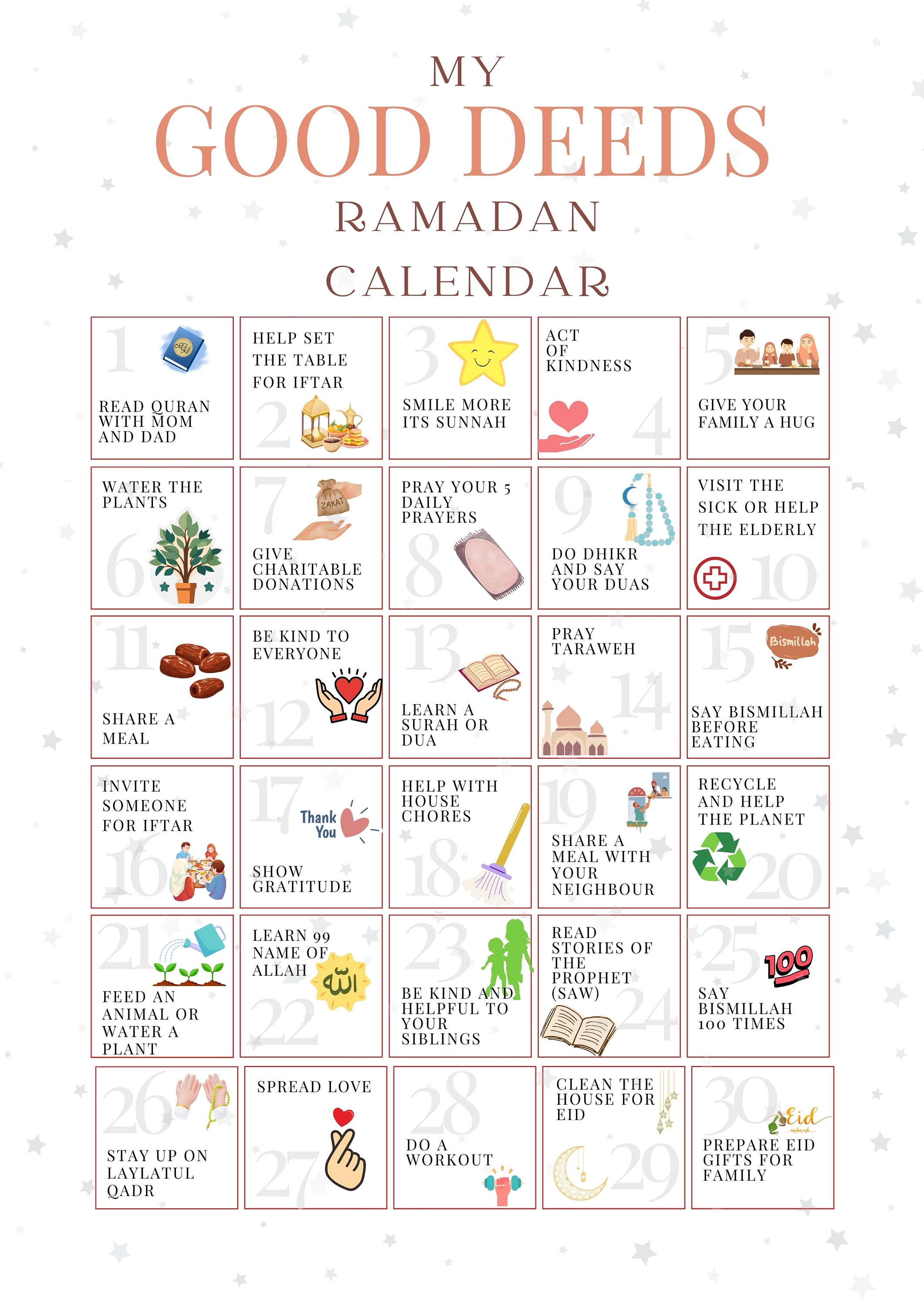 Ramadan Good Deeds Calendar | 30 Day Ramadan Calendar| Islamic Prints ...