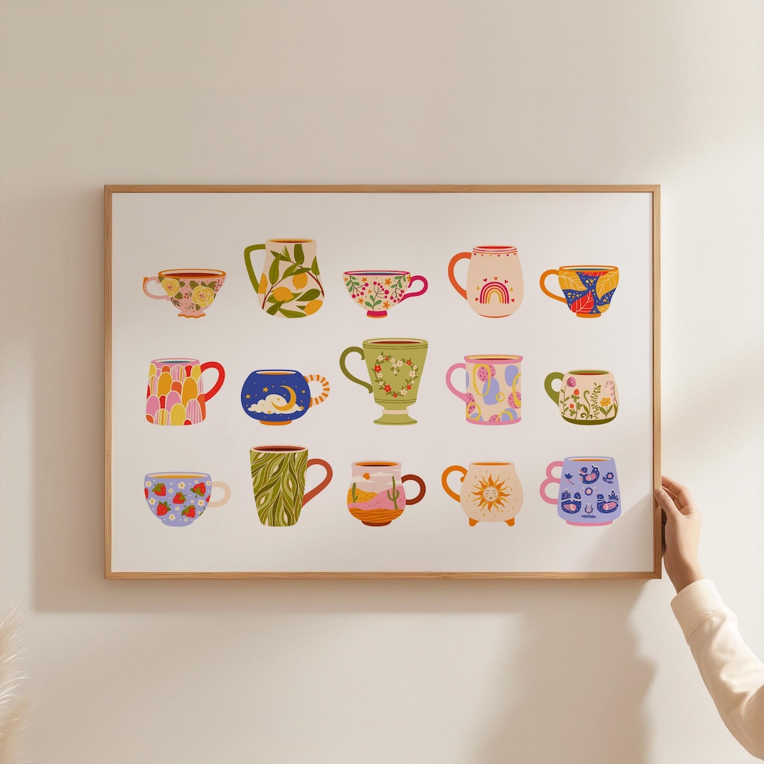 Tea Cup Print, Horizontal Kitchen Wall Art, Coffee Bar Decor, Mid ...