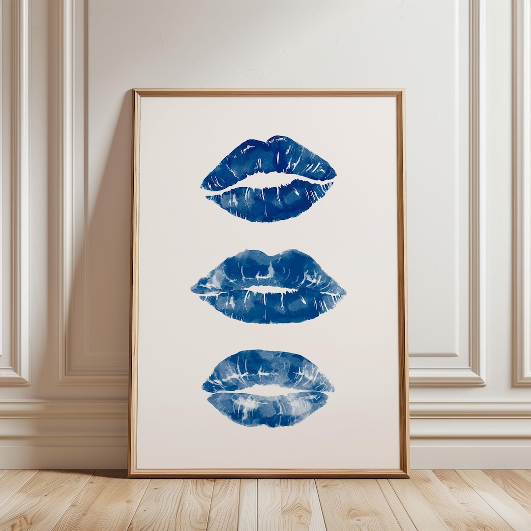 Blue Lipstick Kiss Wall Art, Kiss Lips Print, Trendy Lipstick Kisses ...