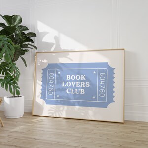 Book Lovers Club Ticket Print, Blue Library Wall Decor (digital ...
