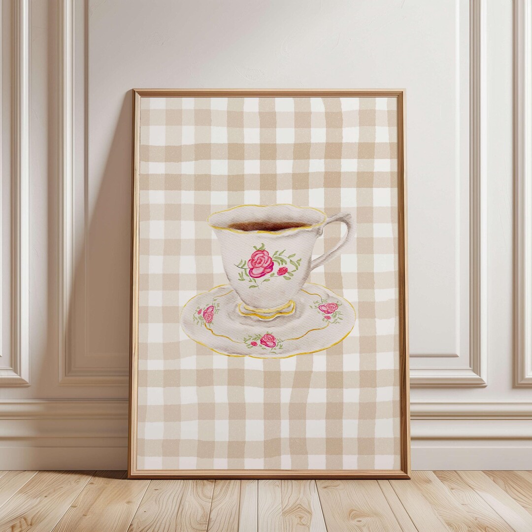 Gingham Tea Cup Print: Whimsical Kitchen Coffee Bar Art (digital Print ...
