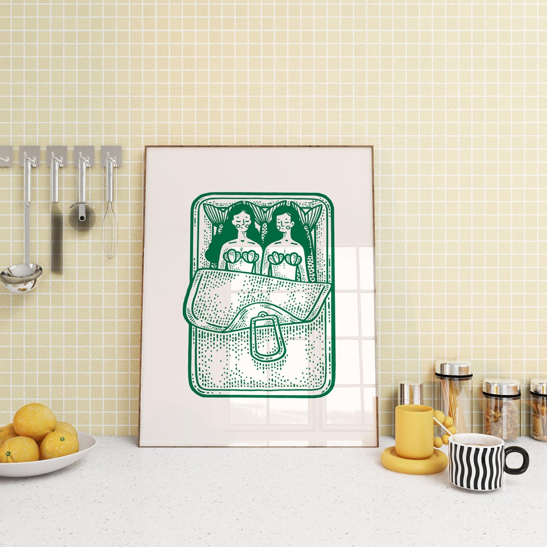 Mermaids Sardine Print, Kitchen Wall Art, Sardines Tin Print, Green ...