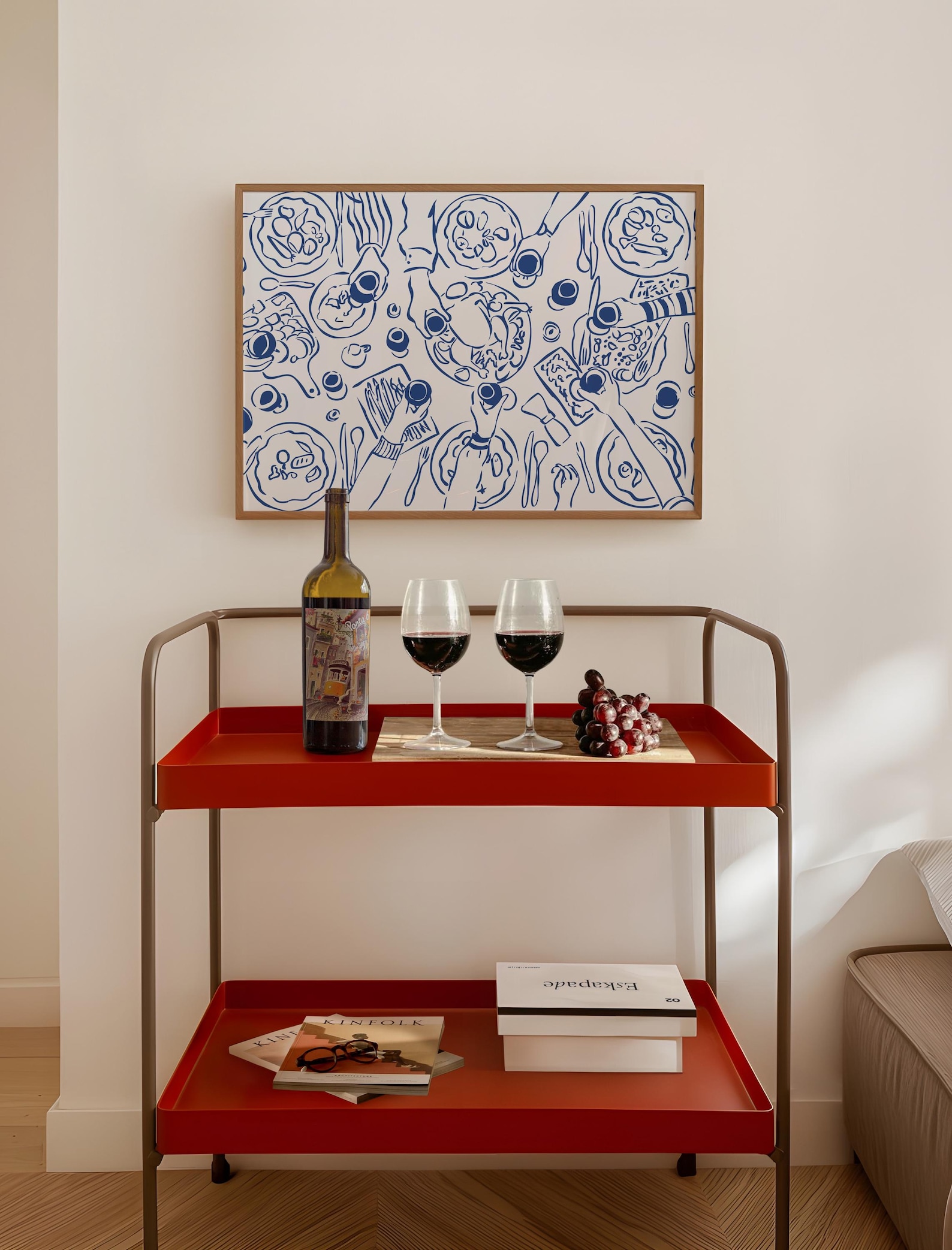 Dining Table Party Print, Retro Dinner Table Kitchen Wall Art, Navy ...