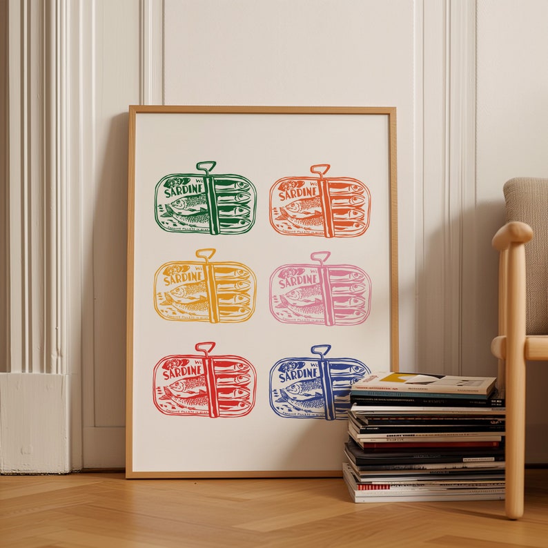 Retro Sardine Tin Art Print: Colorful Kitchen Wall Decor (digital ...
