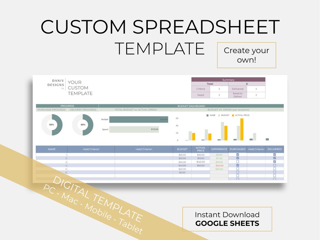 Custom Spreadsheet Google Sheets Custom Goals Template and Report for ...