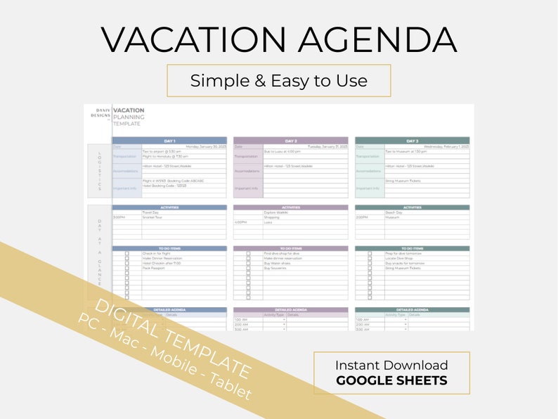 Simple Vacation Planning Spreadsheet | Digital Travel Planner | Holiday ...