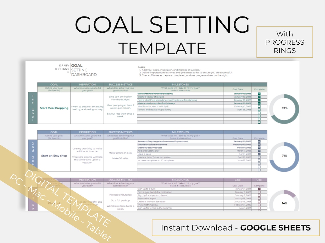 Simple Goal Setting Spreadsheet | Digital Goal Planner | Goal Progress ...