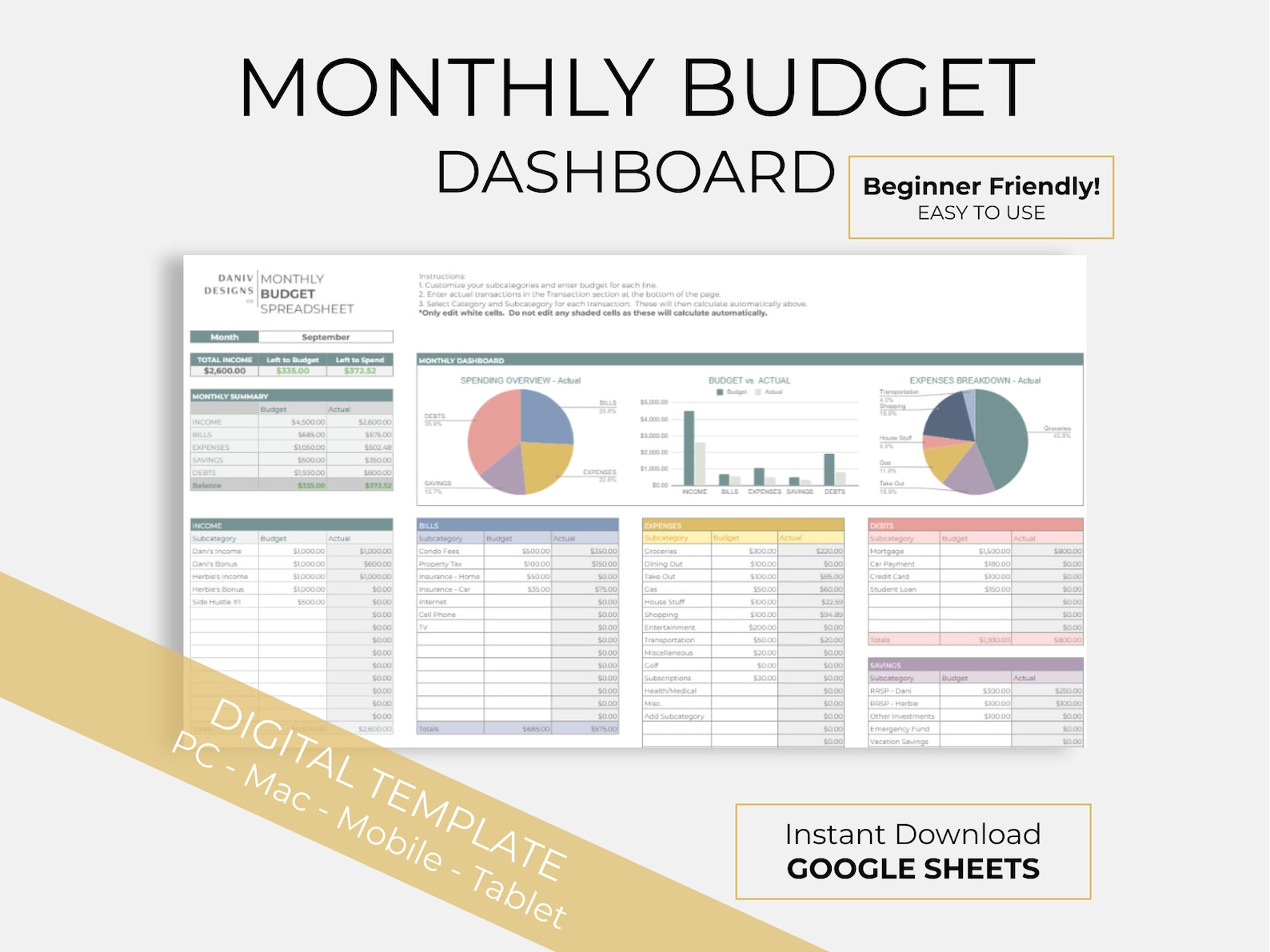 Simple Monthly Budget Template | Beginner Budget Spreadsheet ...