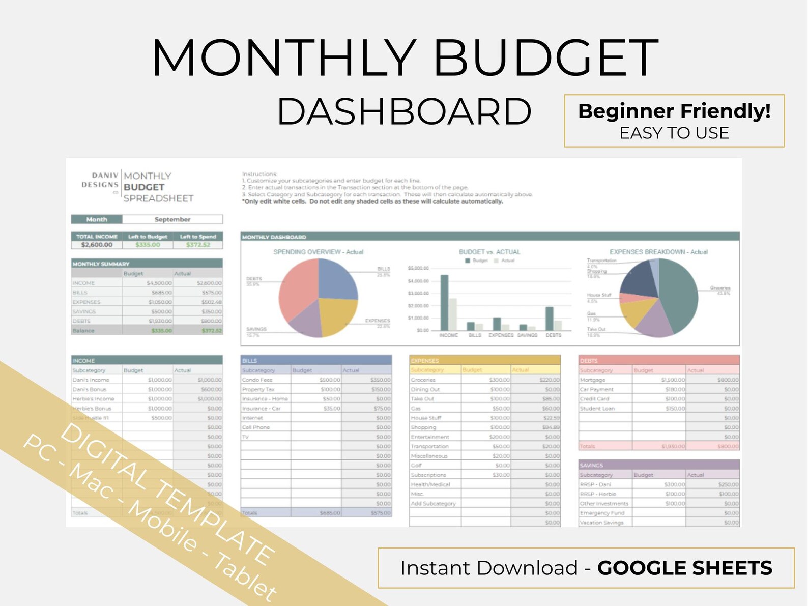 Simple Monthly Budget Template Beginner Budget Spreadsheet - Etsy