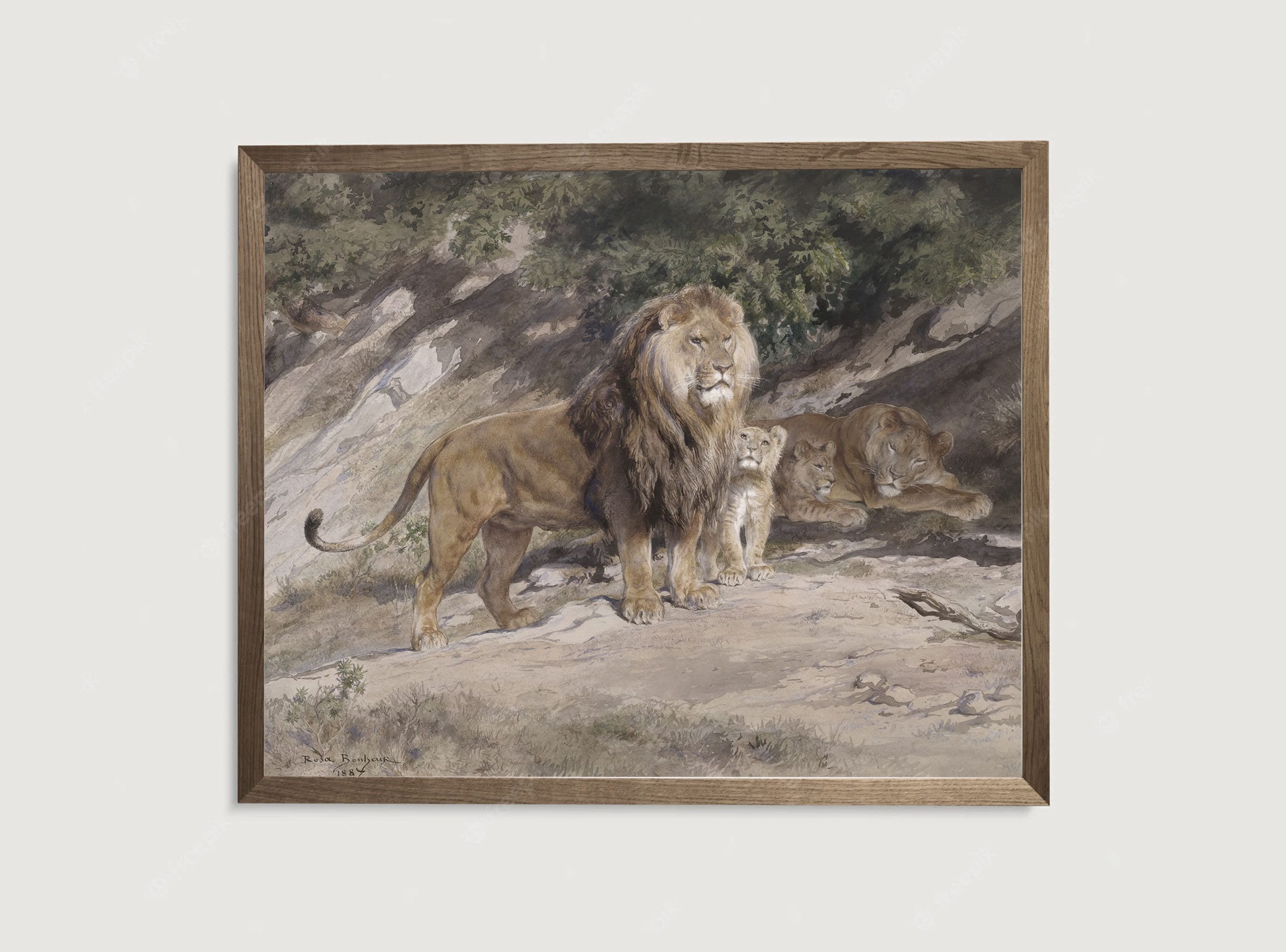 PRINTABLE Vintage Lion Art Print. Lion and Cub on a Mountain. - Etsy