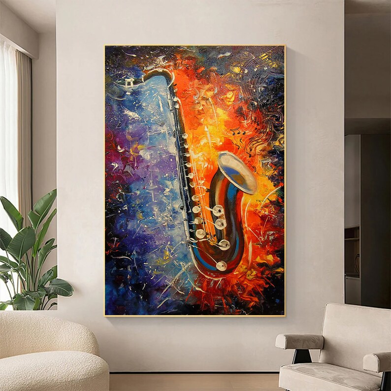 Saxophone Art, Oil Painting Canvas Original, Colorful Large Wall Art ...