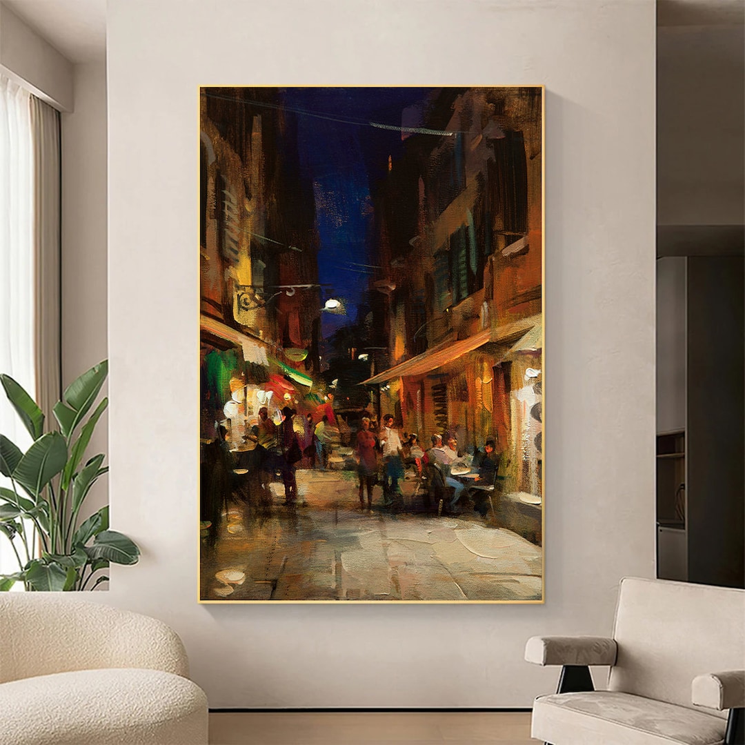 Original Street Scene Oil Painting: City Life Wall Art, Framed Canvas ...