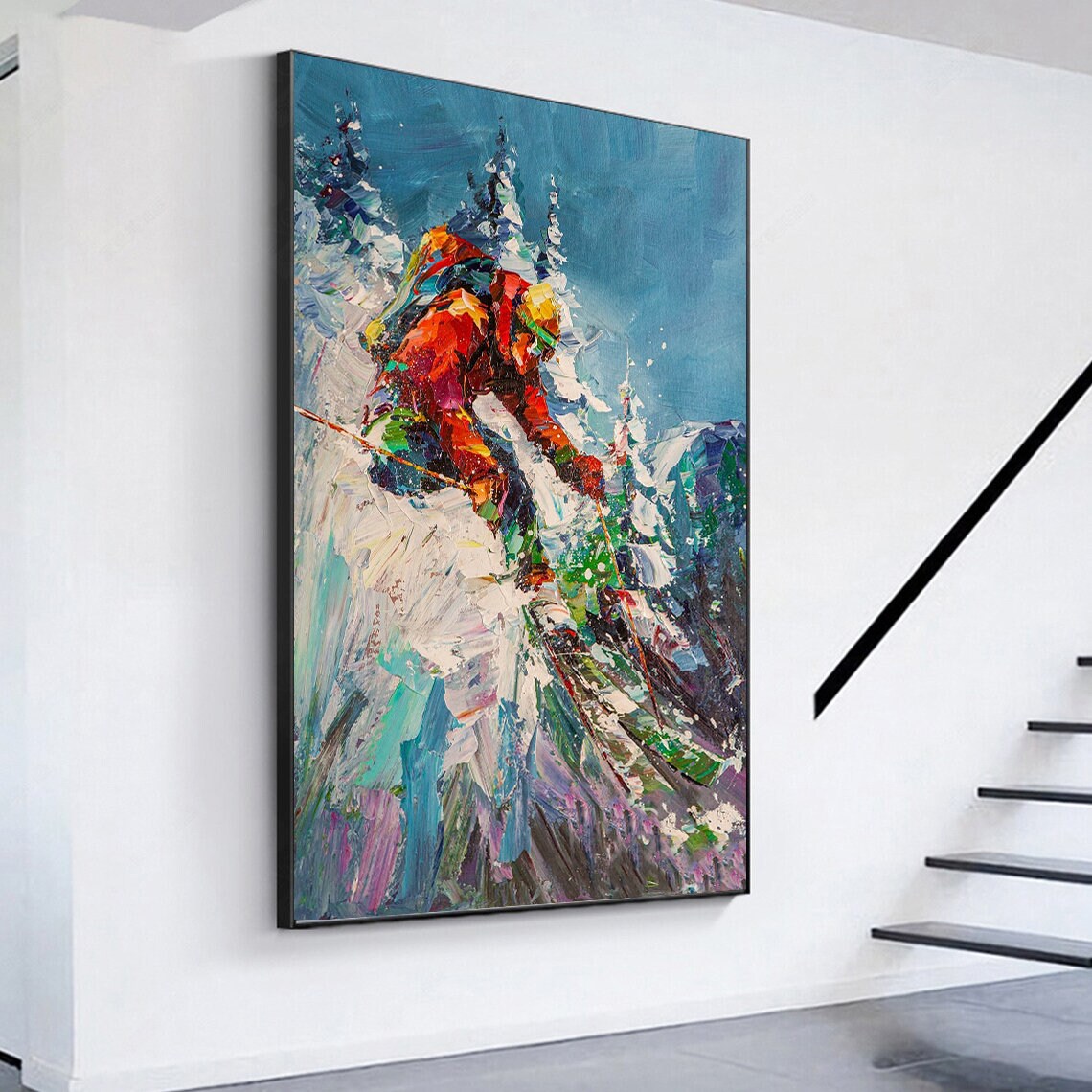 Textured Ski Painting: Original Sports Wall Art, Ski Lodge Decor - Etsy