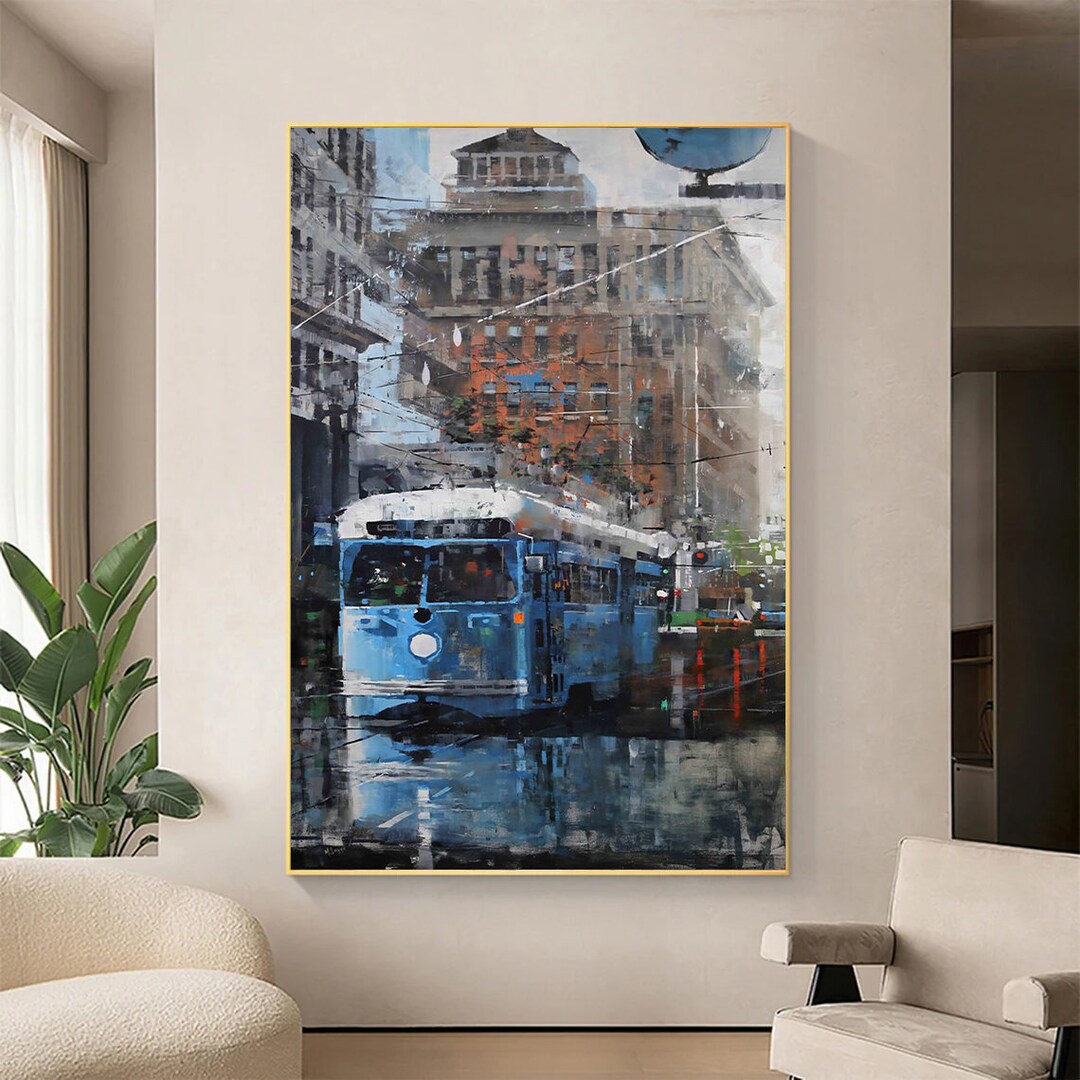 Streetcar, Cityscape Art, Oil Painting Canvas Original, Cityscape Wall ...