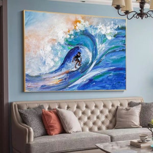 Surfing Art, Large Horizontal Art, Surfing Wall Art, Textured Art ...
