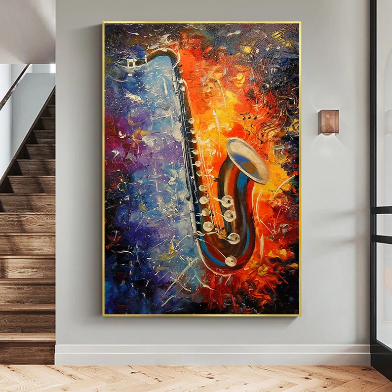 Saxophone Art, Oil Painting Canvas Original, Colorful Large Wall Art ...