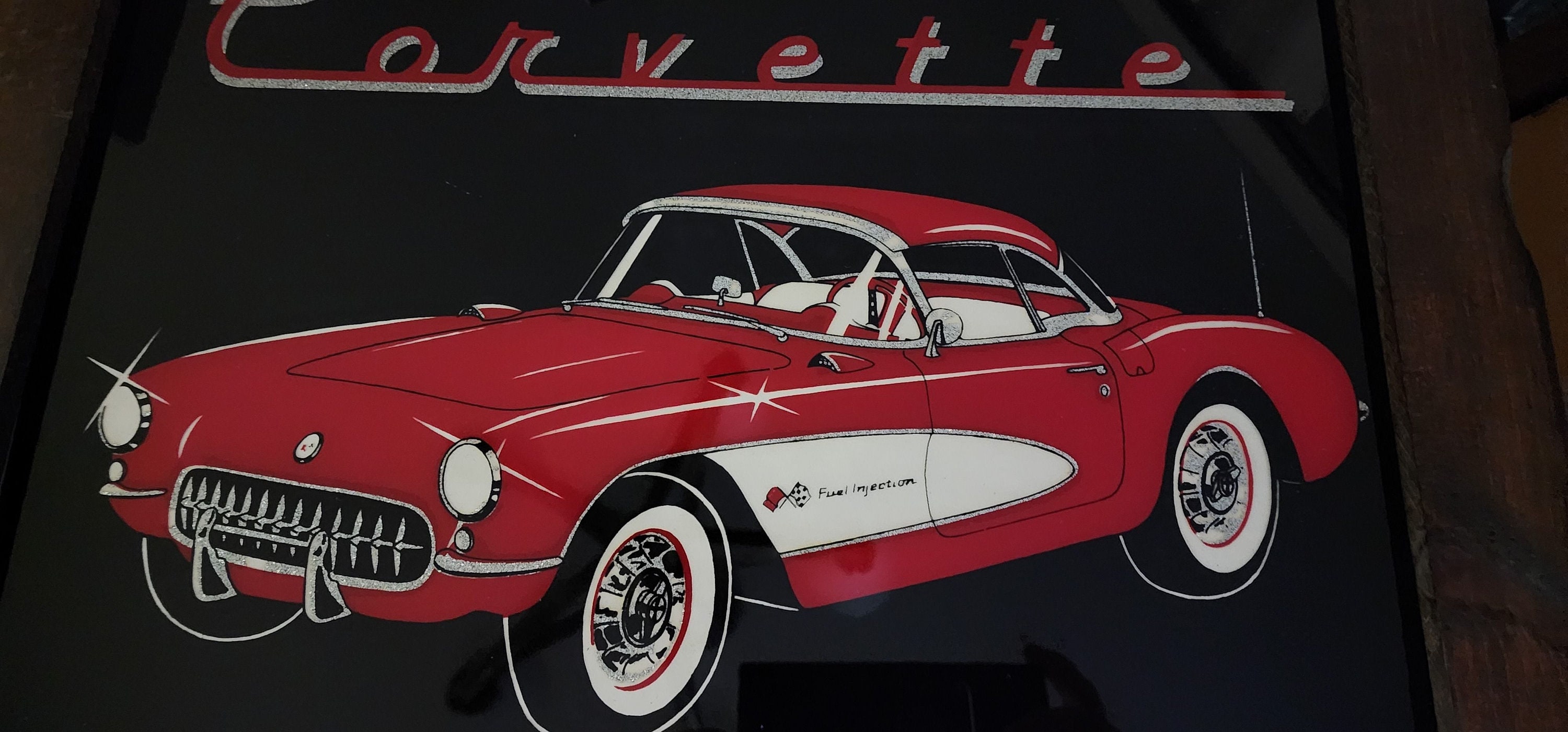 Vintage 1957 Chevy Corvette Convertible Glass Glitter Picture With Wood ...
