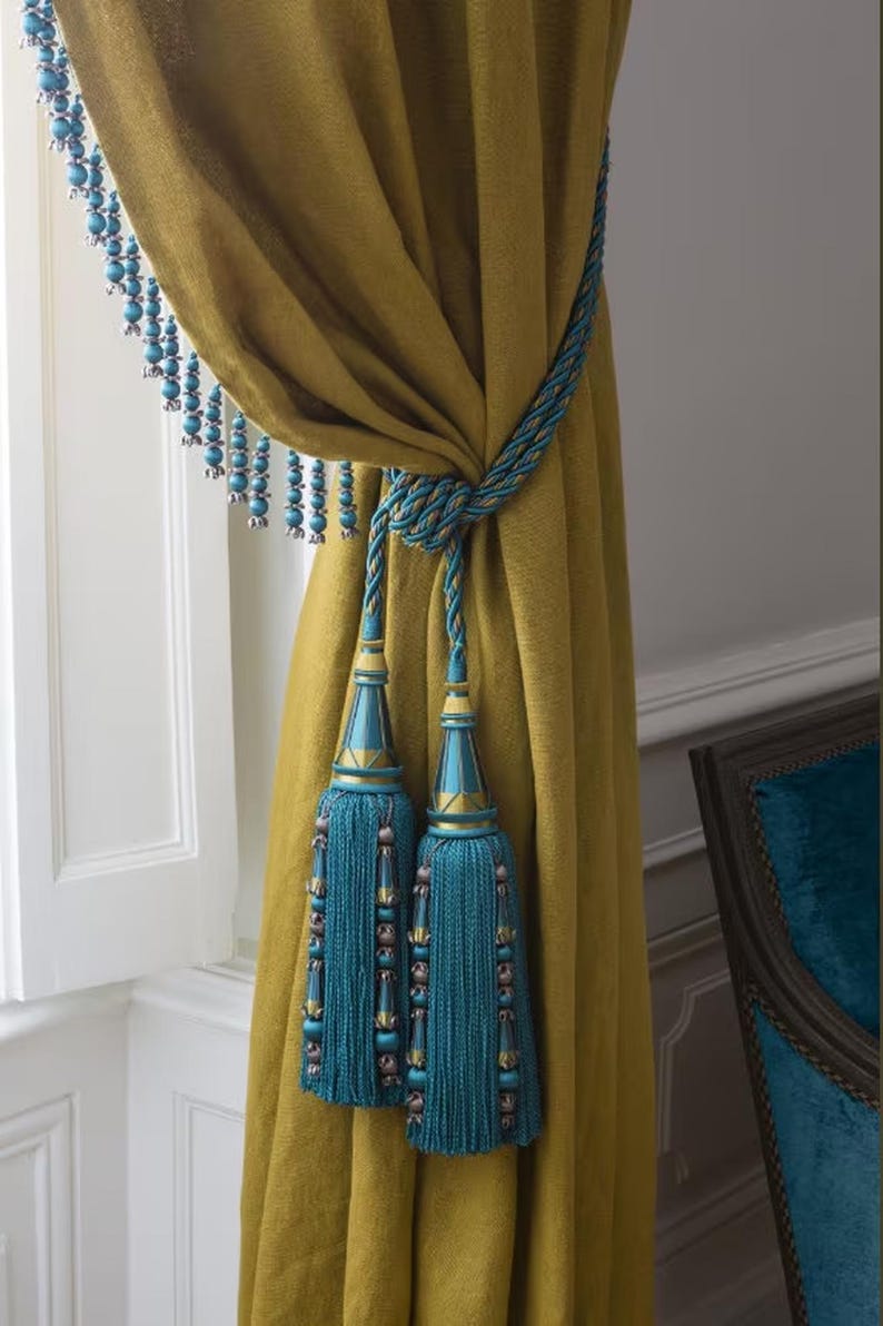 Boho curtain tieback 33 cm with double tassel, braided cord of 100 cm ...