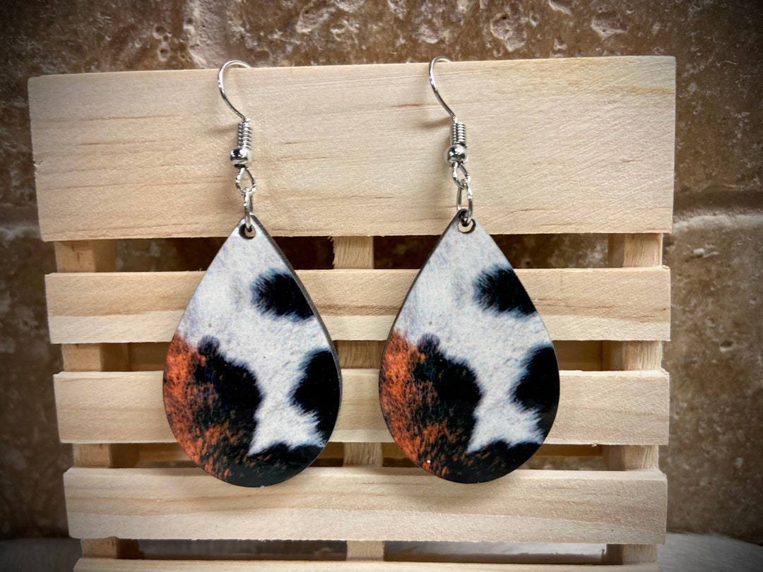 Cow Hide Earrings - Western Teardrop Earrings - MDF Wood Earrings ...