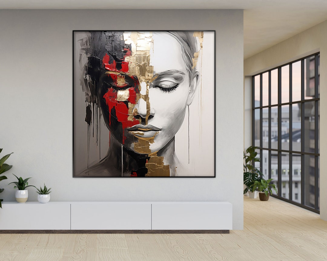 Woman Face, Gold Leaf, Black, Red, Gray 100% Handmade, Textured ...