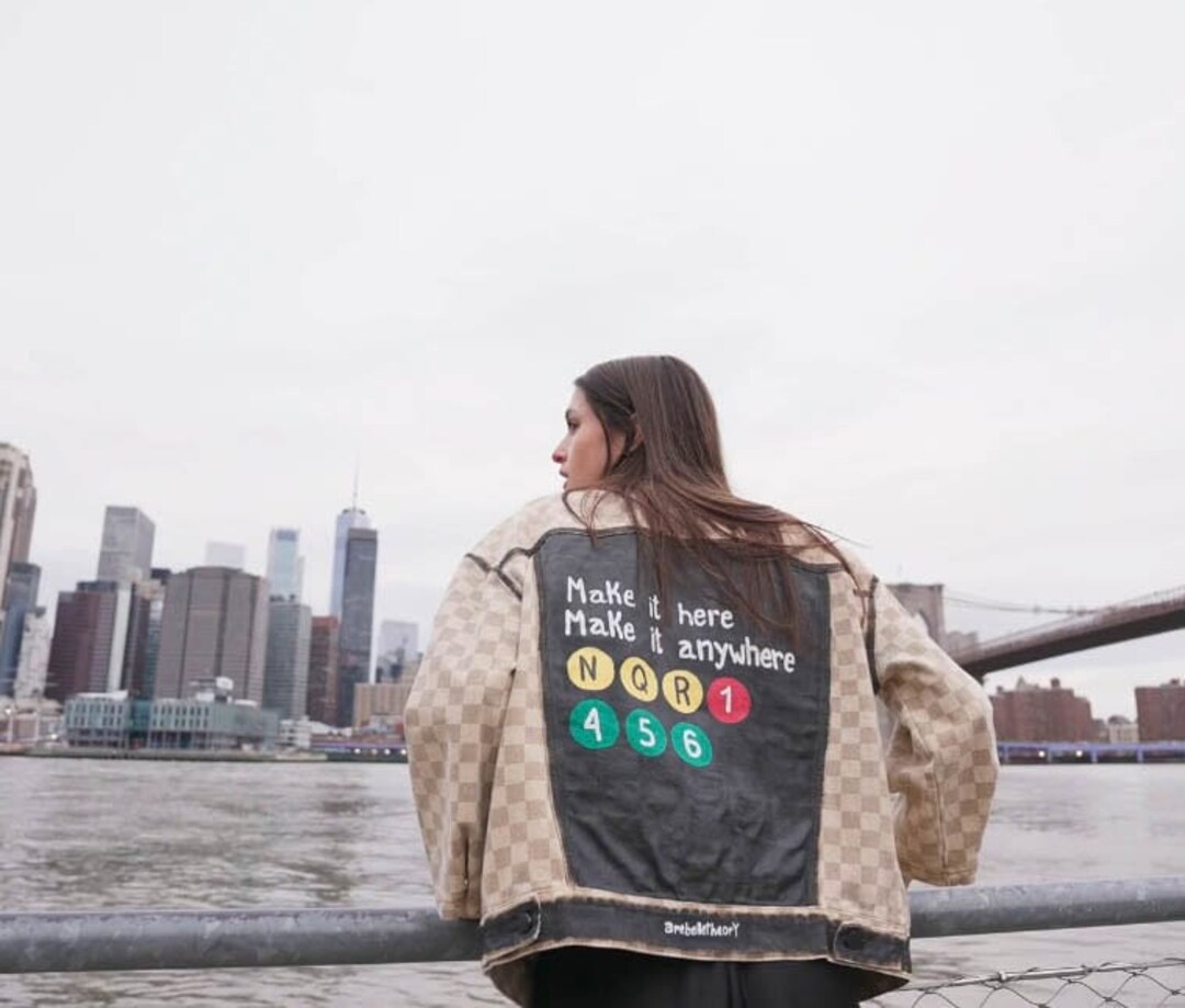 Make It NYC Hand Painted Jacket, Checker Print Denim Jackets , Beige ...