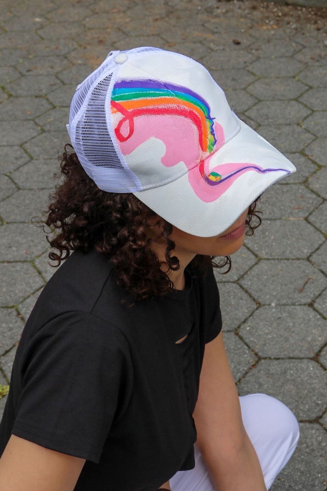 Pride Painted Cap, White Cargo Hat, Rainbow Cap, Painted Baseball Cap ...