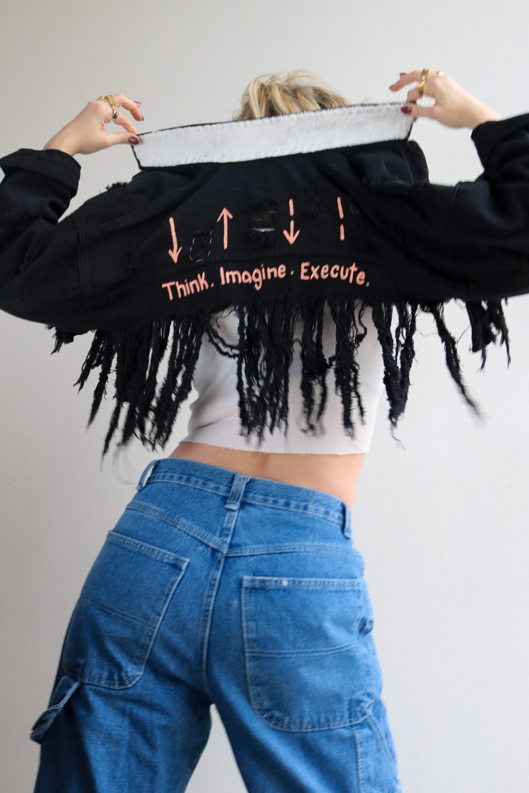 Hand-painted Cropped Denim Jacket | Fringed, Positive Quote - Etsy