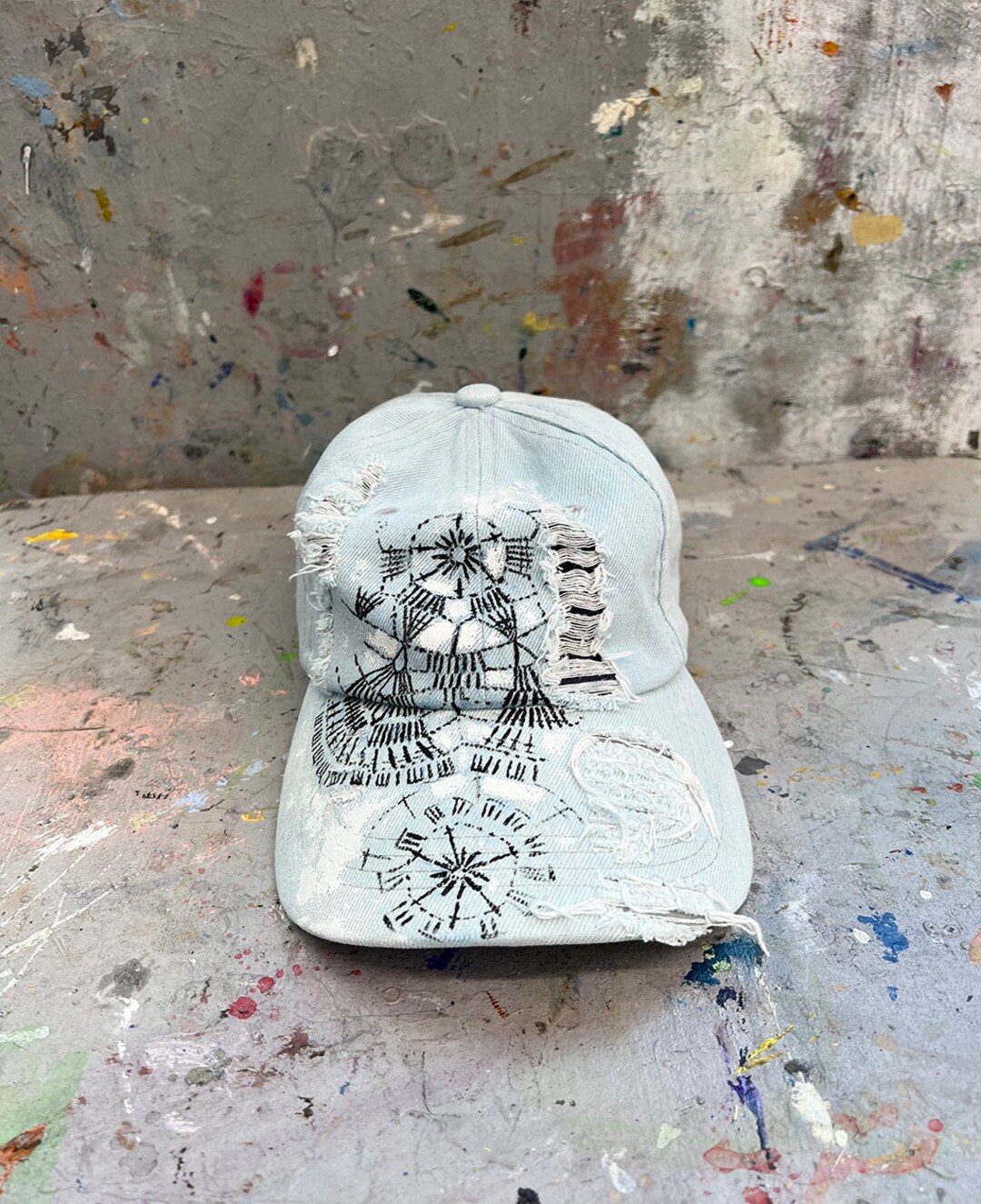 Hand Painted Crochet Pattern Hat, Ripped Denim Cap, Unisex Streetwear ...