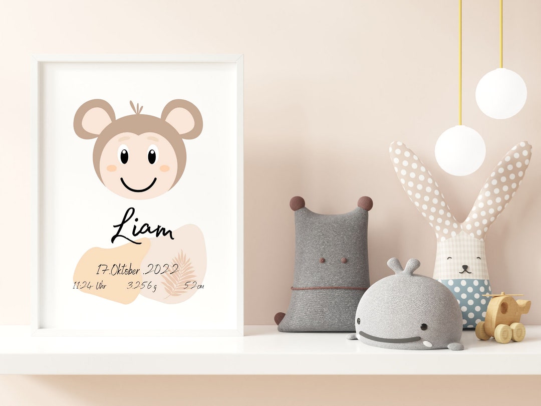 Personalized Poster With Name and Dates of Birth, Monkey, Digital ...