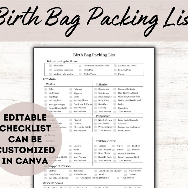 Birth Bag Packing List Template Lavender, Hospital Bag Checklist, New ...