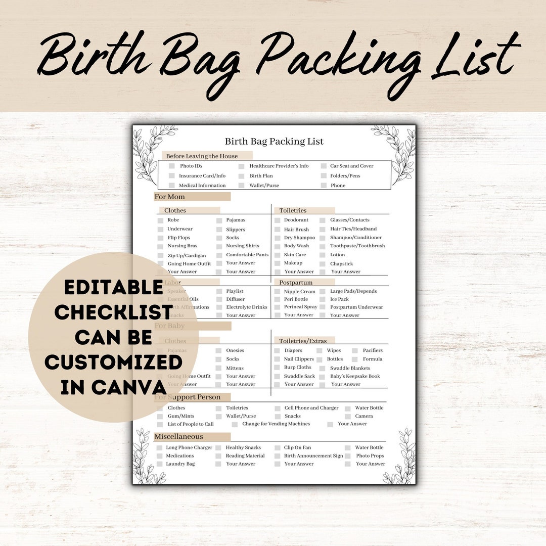 Birth Bag Packing List Printable, Hospital Bag Checklist Neutral, Baby ...