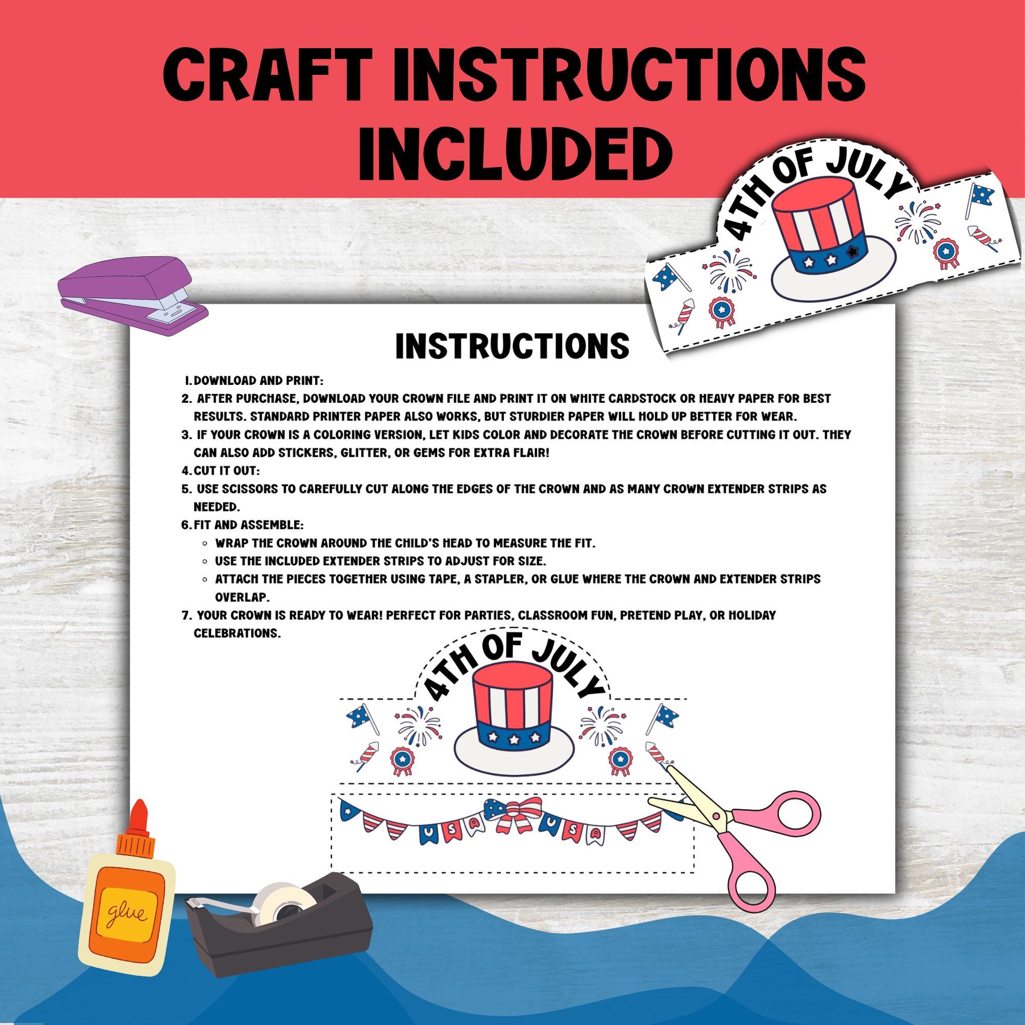 4th of July Crown Craft Activity, Coloring Printable Independence Day ...