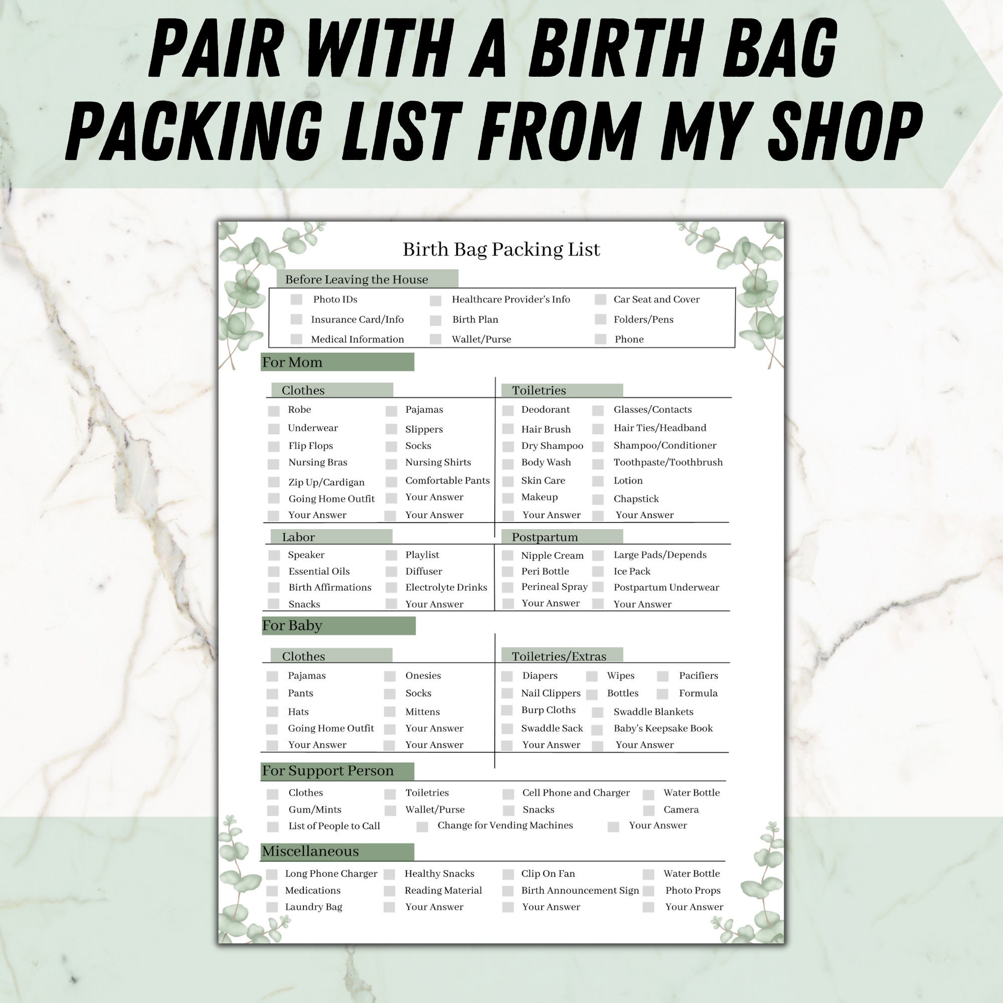 Birth Plan Template Printable Eucalyptus, Natural Birth Plan, Hospital ...