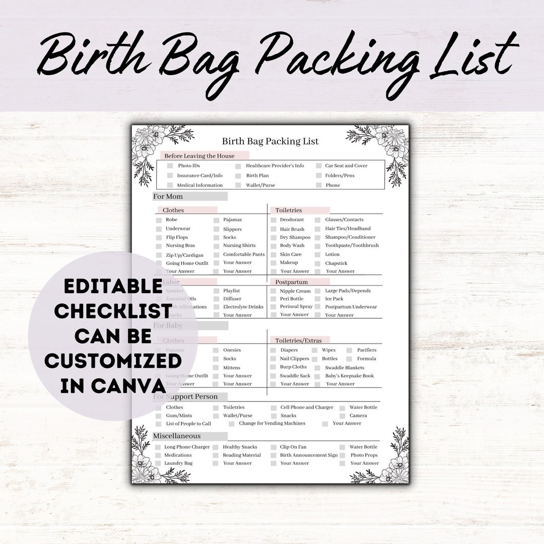 Birth Bag Packing List Template Lavender, Hospital Bag Checklist, New ...