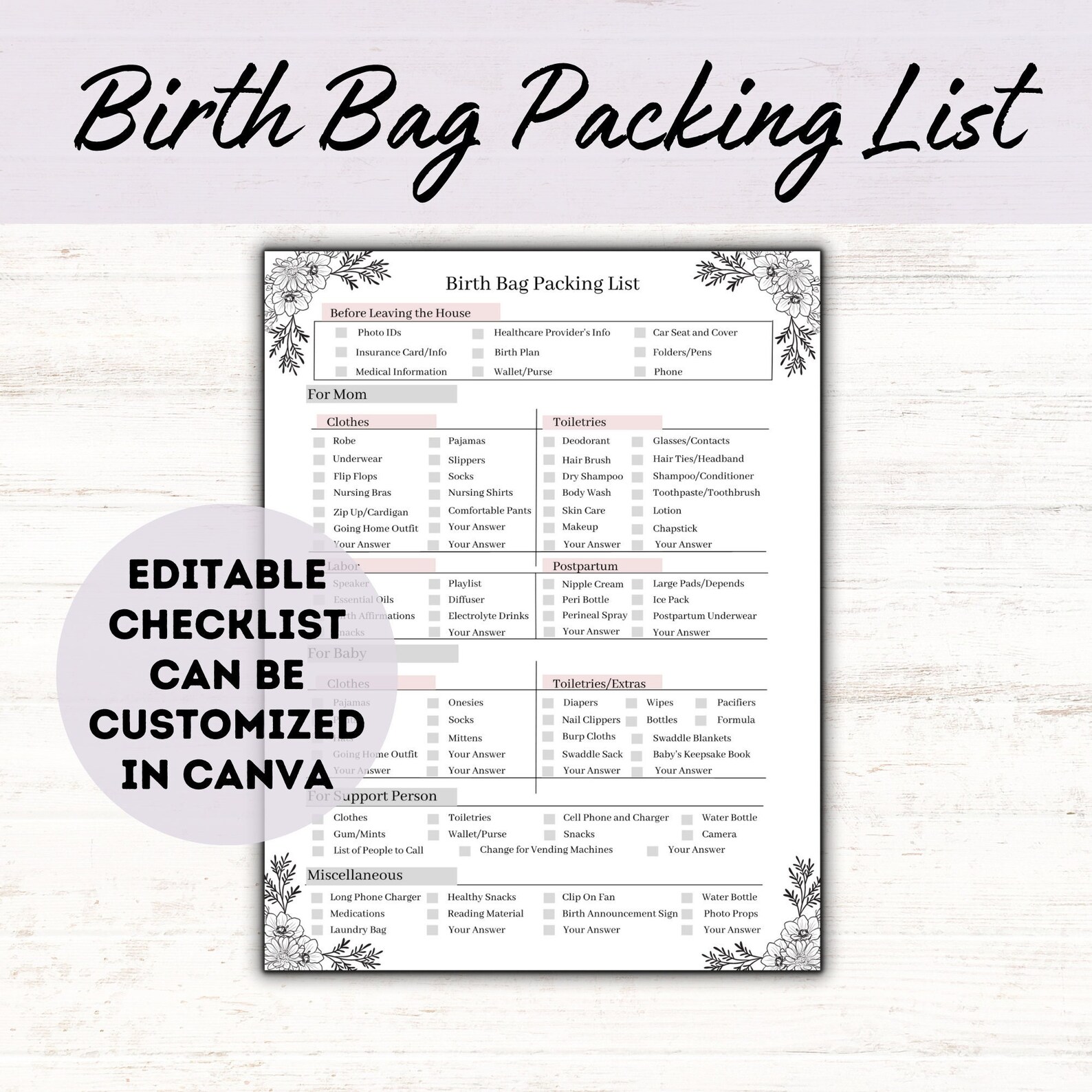 Birth Bag Packing List Template Lavender, Hospital Bag Checklist, New ...