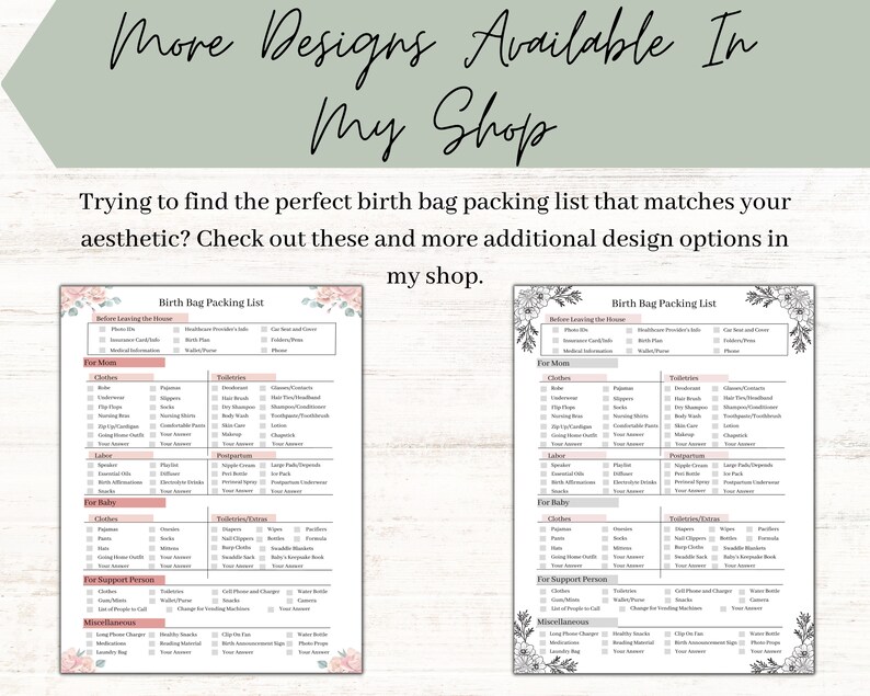 Birth Bag Packing List Printable Green Hospital Bag - Etsy
