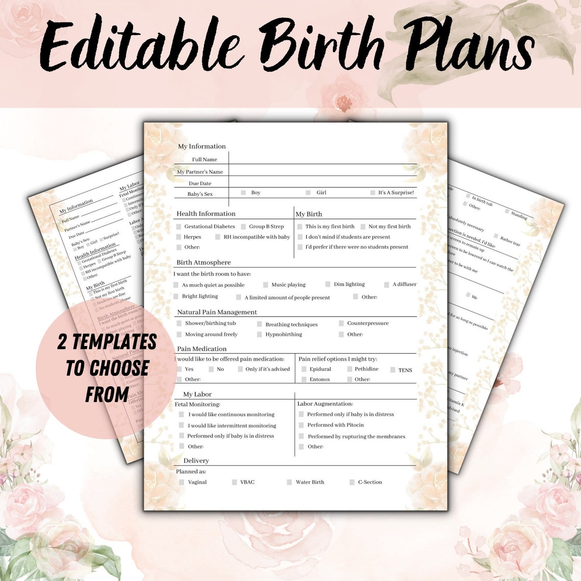 Birth Plan Template Printable Floral, Natural Birth Plan, Hospital ...