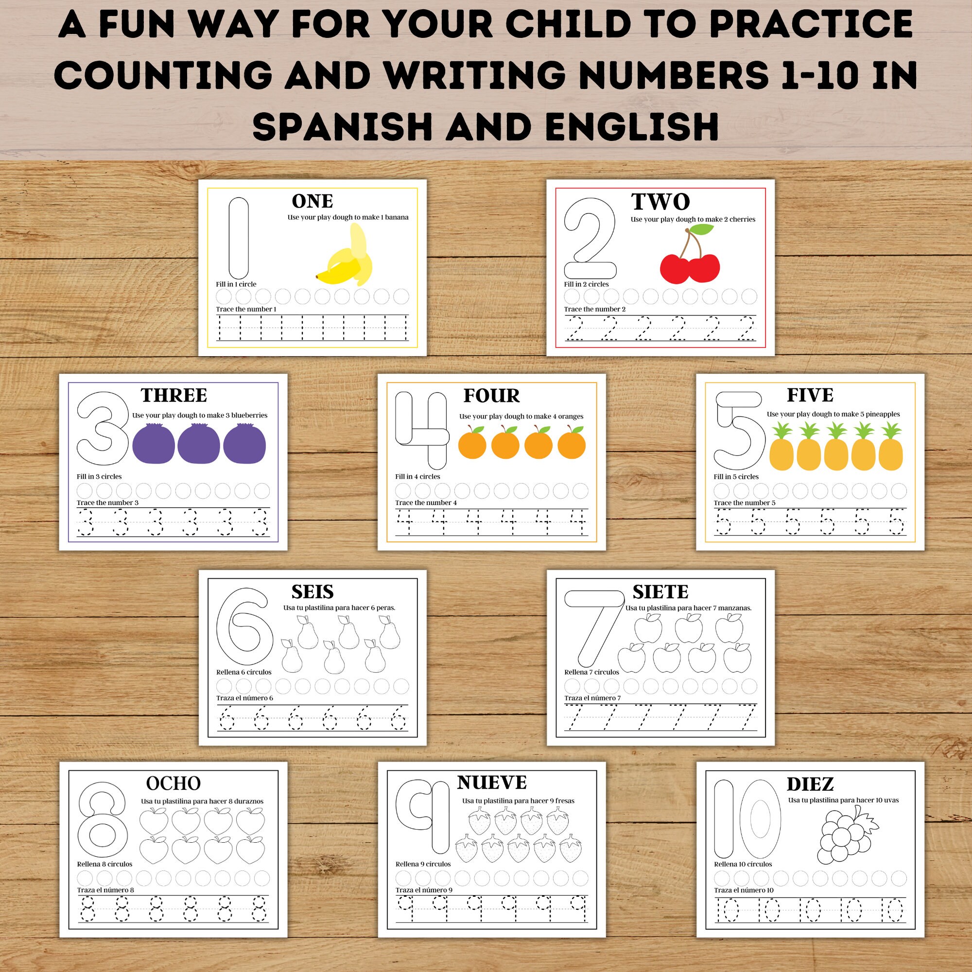 Number Playdough Mats, Spanish Learning, Bilingual Flashcards, Fine ...