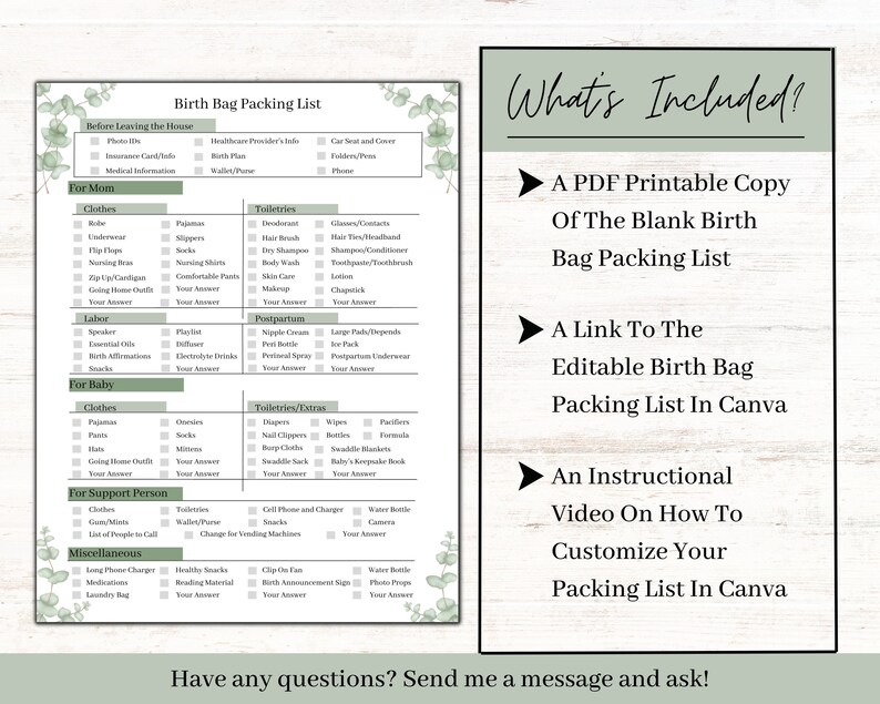 Birth Bag Packing List Printable Green Hospital Bag - Etsy